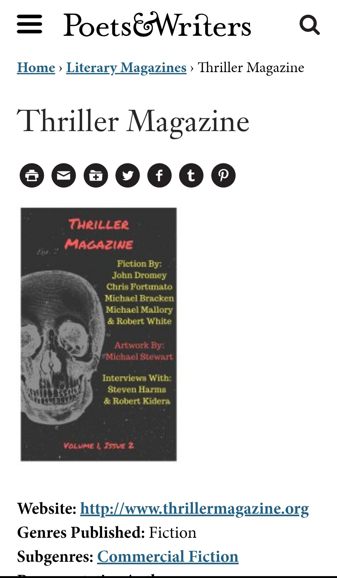 Thriller Magazine listed on Poets & Writers